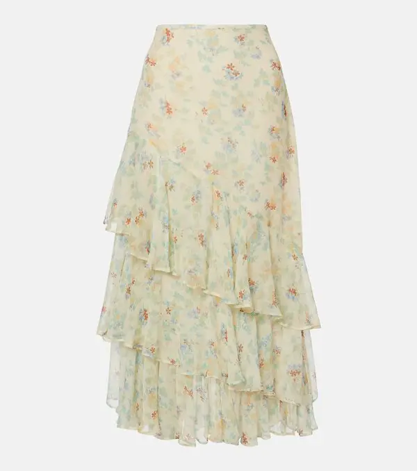 Ulla Johnson Meadow Floral Silk Chiffon Midi Skirt - Green