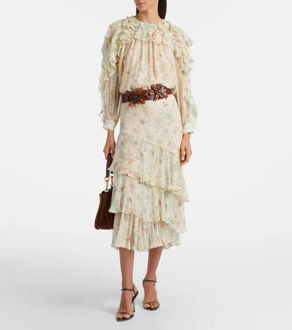 Ulla Johnson Meadow Floral Silk Chiffon Midi Skirt - Green