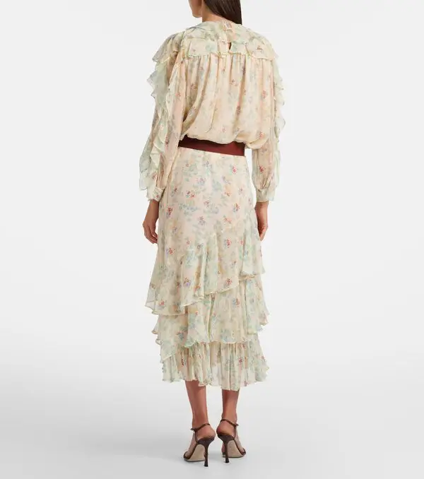 Ulla Johnson Meadow Floral Silk Chiffon Midi Skirt - Green