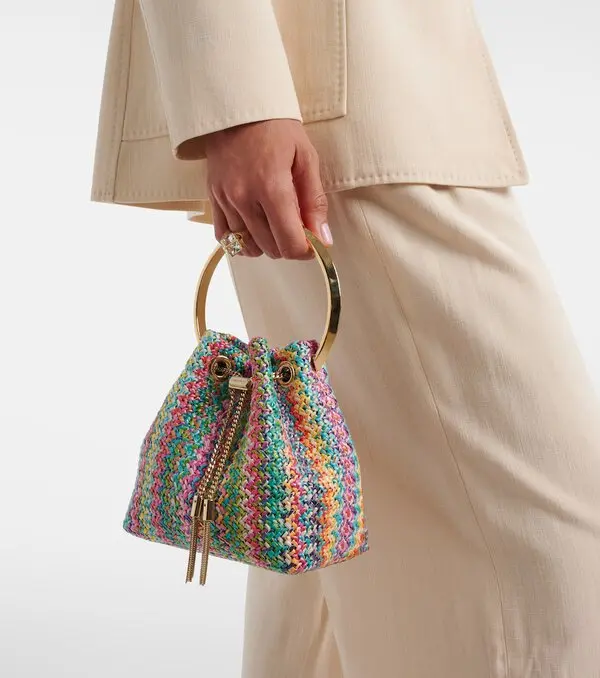JIMMY CHOO Bon Bon Small Raffia-effect Bucket Bag