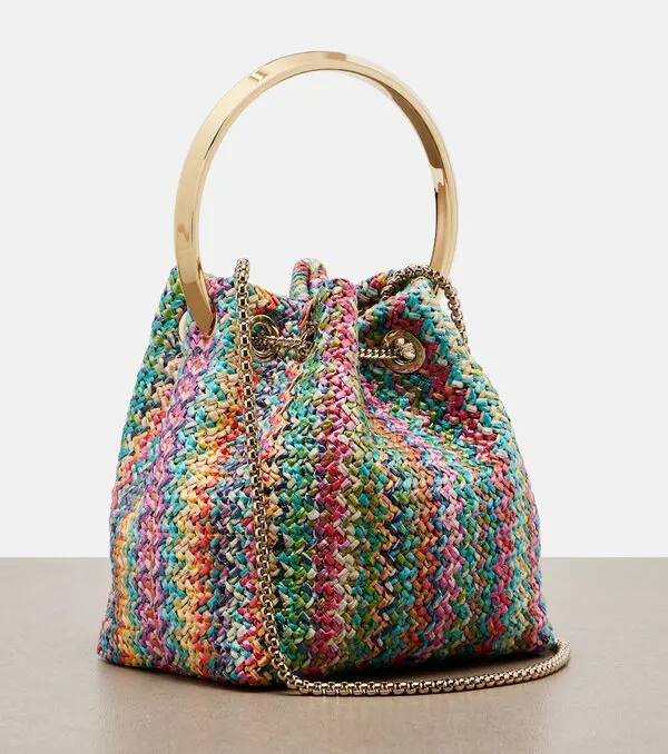 JIMMY CHOO Bon Bon Small Raffia-effect Bucket Bag