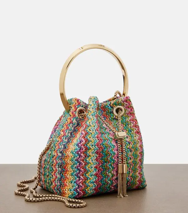 JIMMY CHOO Bon Bon Small Raffia-effect Bucket Bag