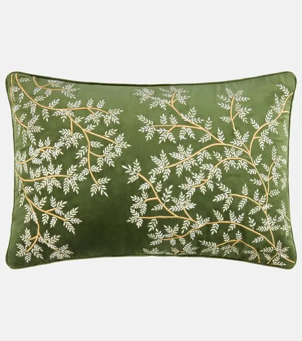 LES-OTTOMANS Embroidered Cotton Velvet Cushion - Green