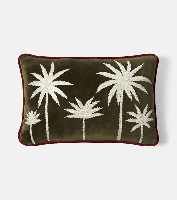 LES-OTTOMANS Embroidered Cotton Velvet Cushion - Green