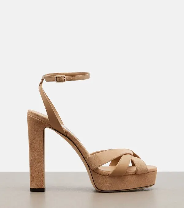 JIMMY CHOO Kove Suede Platform Sandals - Beige