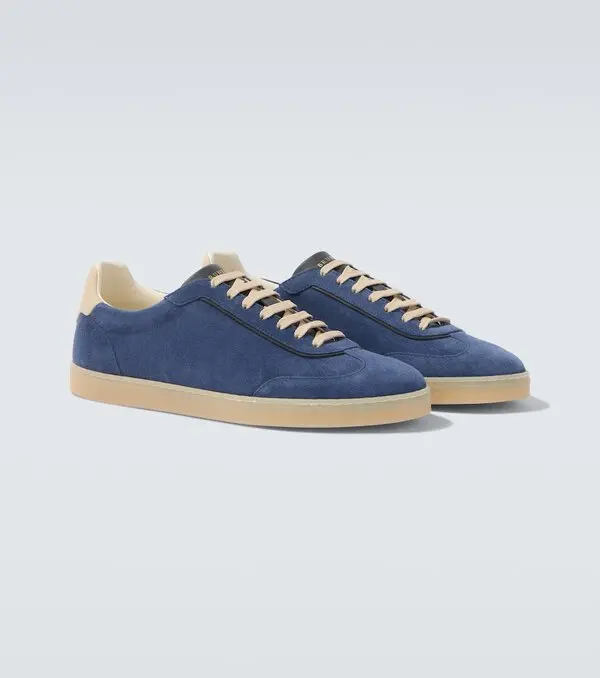 Brunello Cucinelli Suede Lace-up Sneakers With Leather Trim - Blue