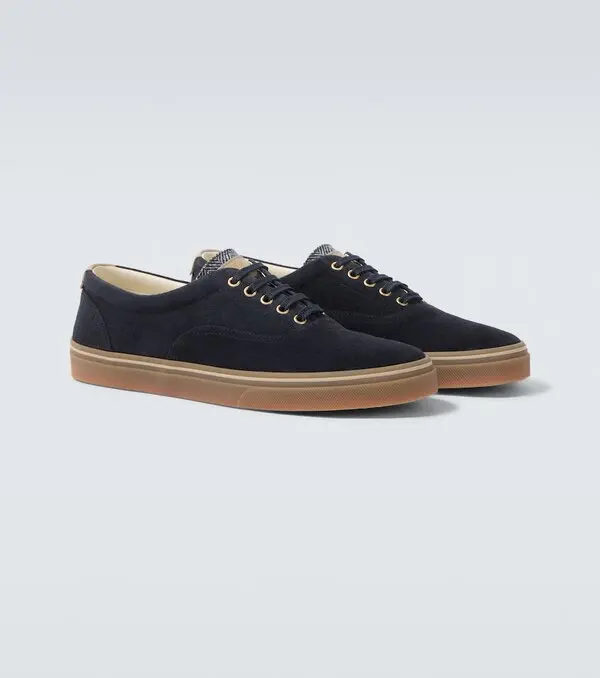 Brunello Cucinelli Suede Lace-up Sneakers With Leather Trim - Blue