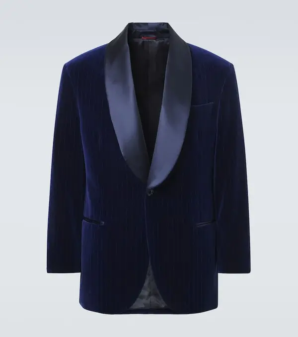 Brunello Cucinelli Pinstripe Cotton Velvet Tuxedo Jacket - Blue