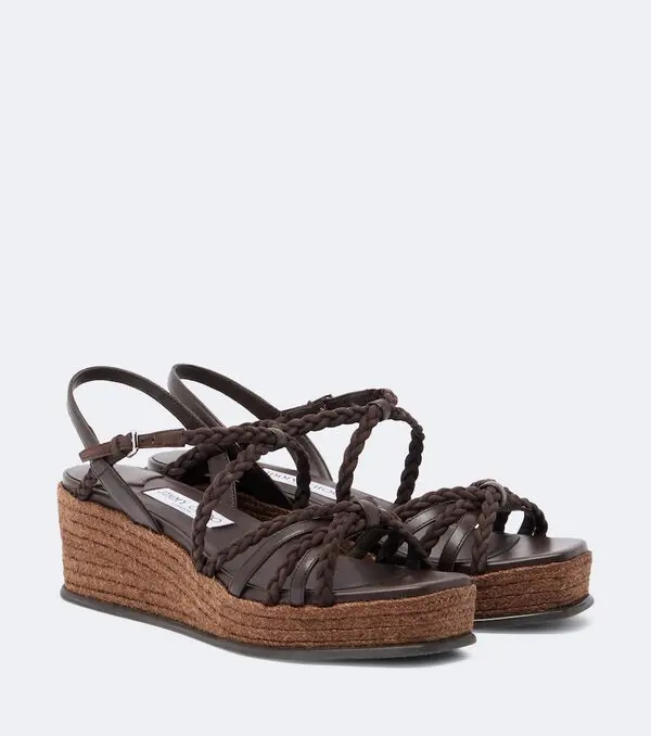 JIMMY CHOO Nyra Braided Suede Espadrille Wedges - Brown
