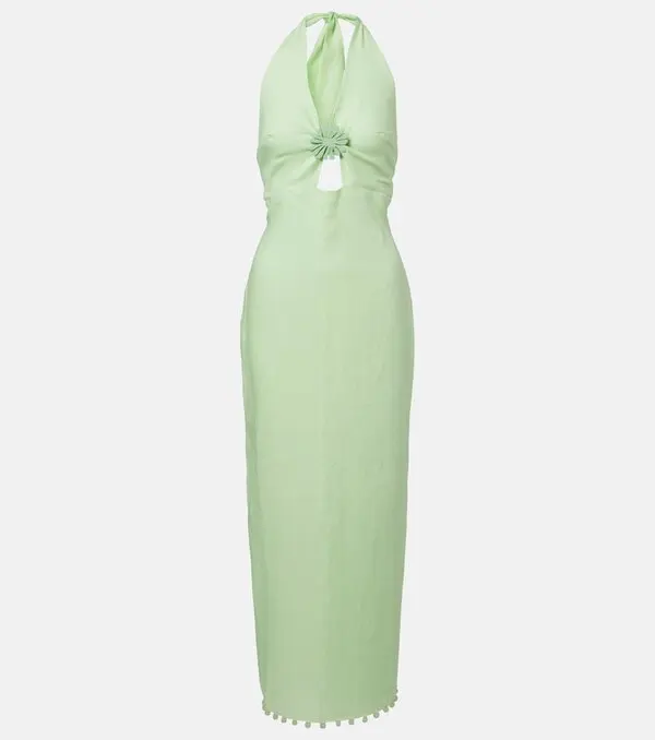 CALA DE LA CRUZ Halterneck Linen Midi Dress With Self-tie Neck And Back Slit - Green