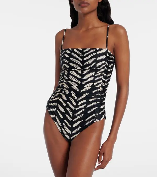 Johanna Ortiz Printed Ruched One Piece Swimsuit - Black