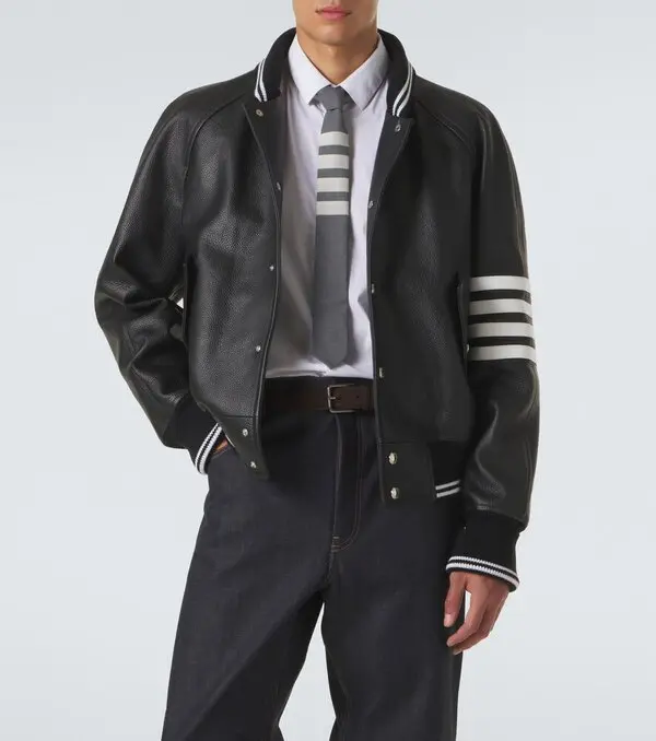 Thom Browne 4-bar Leather Bomber Jacket - Black