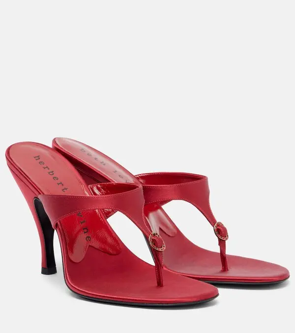 HERBERT LEVINE Embellished Satin Thong Sandals - Red
