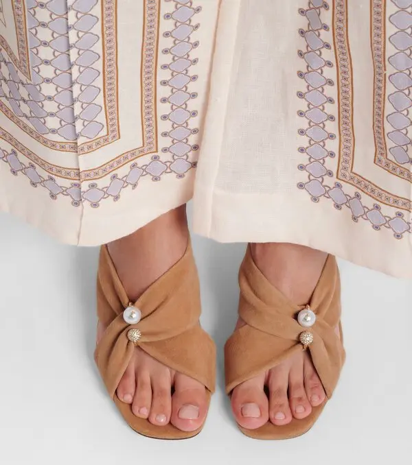 JIMMY CHOO Embellished Suede Mules - Beige