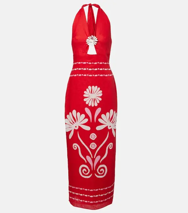 CALA DE LA CRUZ Orly Printed Halterneck Linen Midi Dress - Red