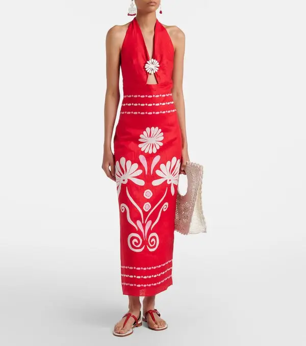 CALA DE LA CRUZ Orly Printed Halterneck Linen Midi Dress