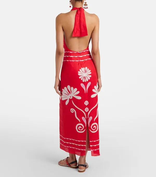 CALA DE LA CRUZ Orly Printed Halterneck Linen Midi Dress