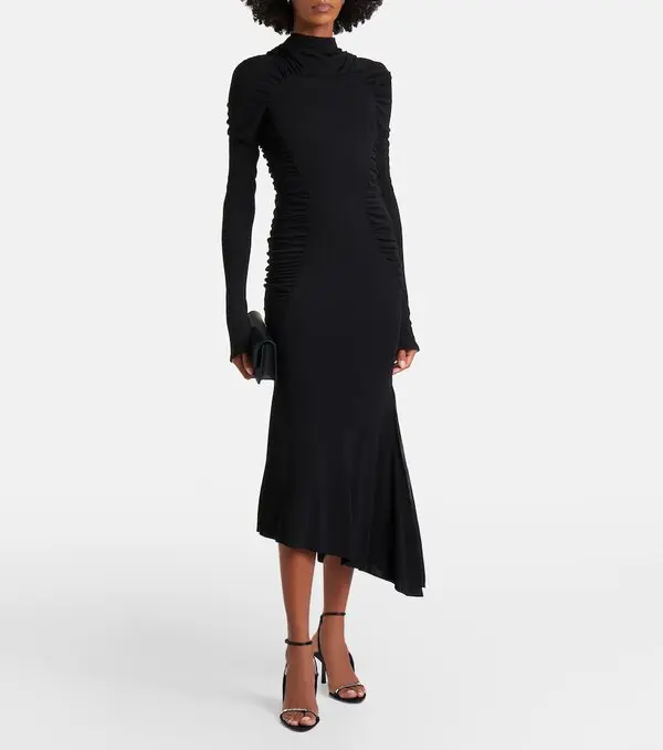 Victoria Beckham Gathered Asymmetric Jersey Midi Dress