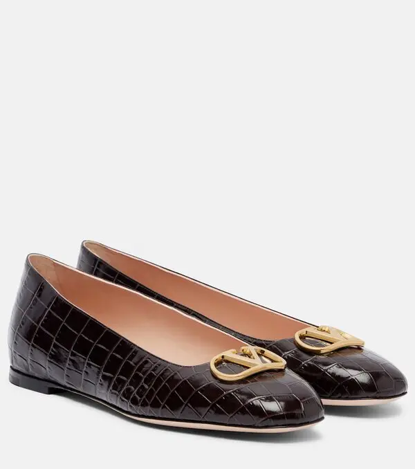Valentino Garavani Vlogo Croc-effect Leather Ballet Flats
