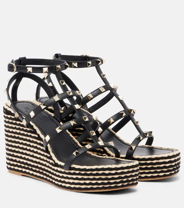 Valentino Garavani Rockstud Leather Espadrille Wedge Sandals