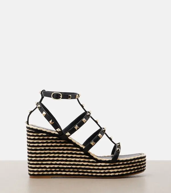 Valentino Garavani Rockstud Leather Espadrille Wedge Sandals