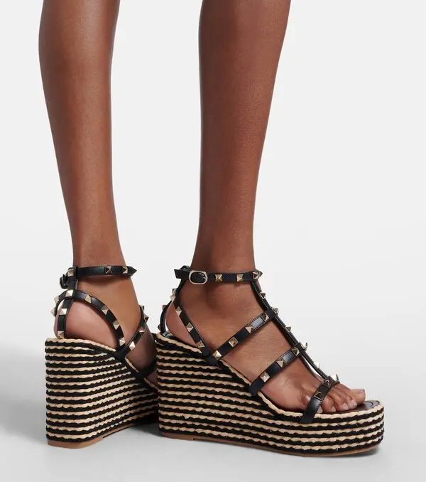 Valentino Garavani Rockstud Leather Espadrille Wedge Sandals