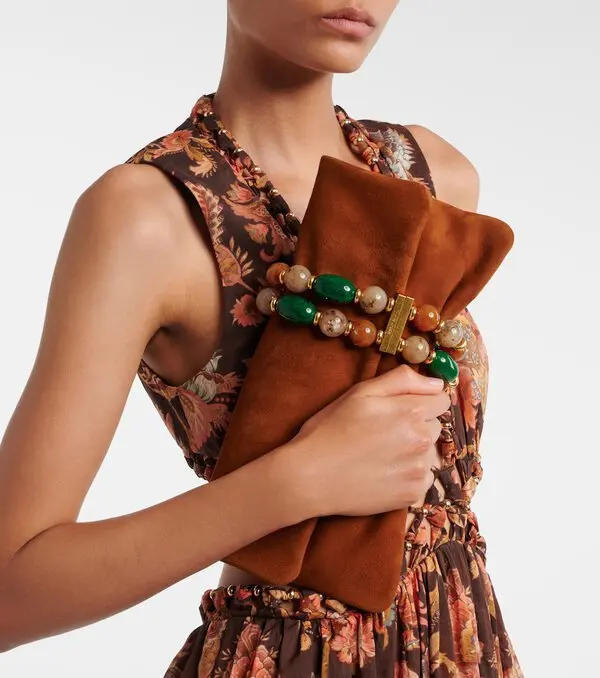 JIMMY CHOO Zandra Beaded Suede Clutch - Brown