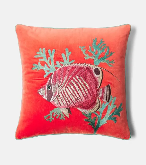 LES-OTTOMANS Embroidered Cotton Velvet Cushion - Orange