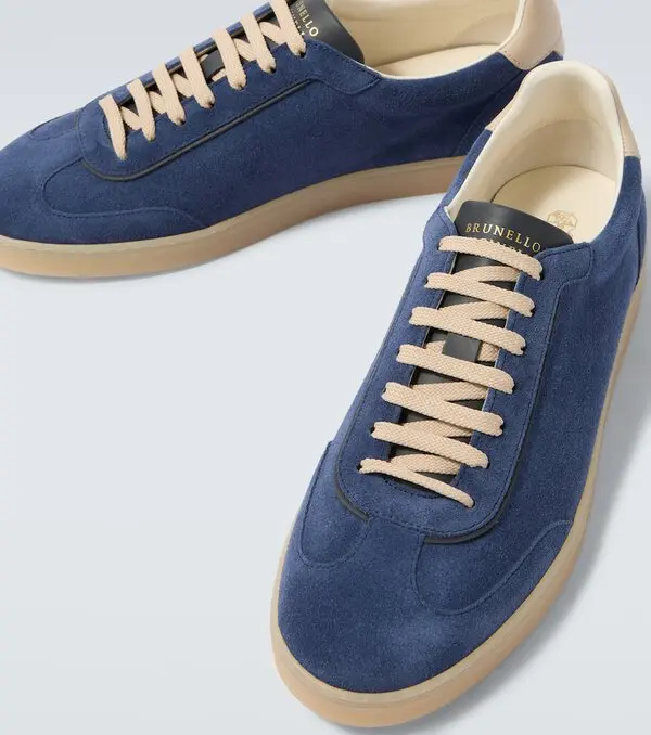 Brunello Cucinelli Navy Suede Leather Trimmed Lace-up Sneakers - Blue