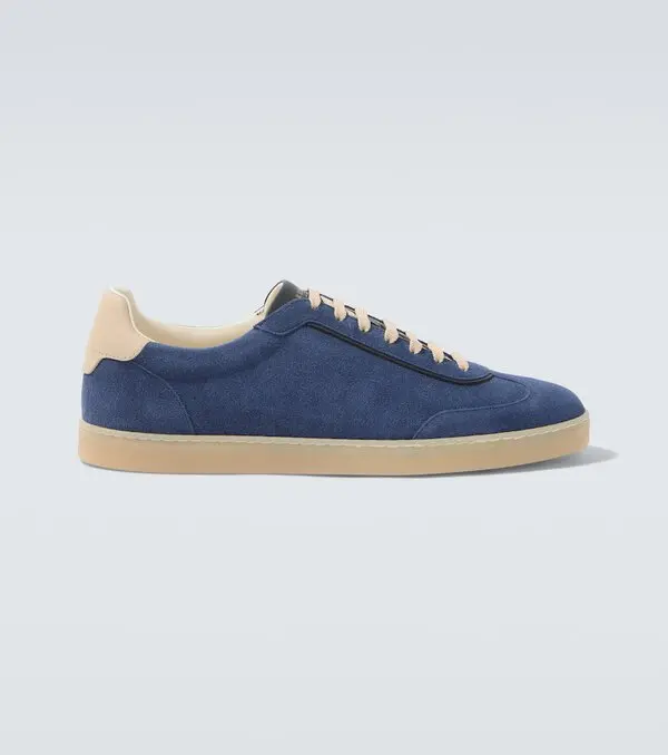 Brunello Cucinelli Navy Suede Leather Trimmed Lace-up Sneakers - Blue