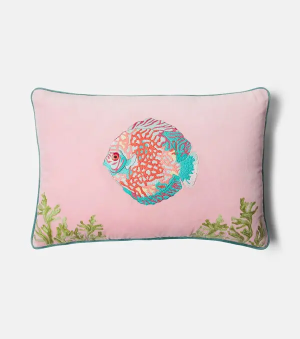 LES-OTTOMANS Embroidered Cotton Velvet Cushion - Pink