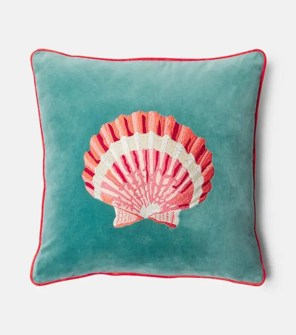 LES-OTTOMANS Embroidered Cotton Velvet Cushion - Blue