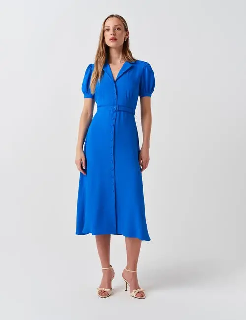 GHOST LONDON Phoebe Crepe Collared Button Down Dress - Blue