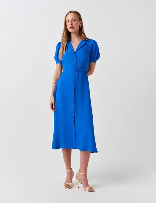 GHOST LONDON Phoebe Crepe Collared Button Down Dress - Blue