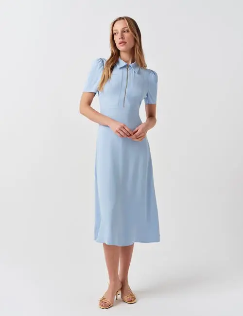 GHOST LONDON Haisley Collared Zip Front Midi Dress - Light Blue