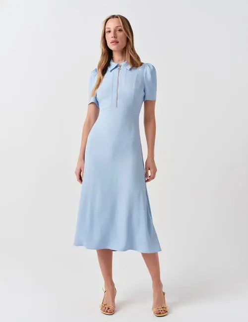 GHOST LONDON Haisley Collared Zip Front Midi Dress - Light Blue