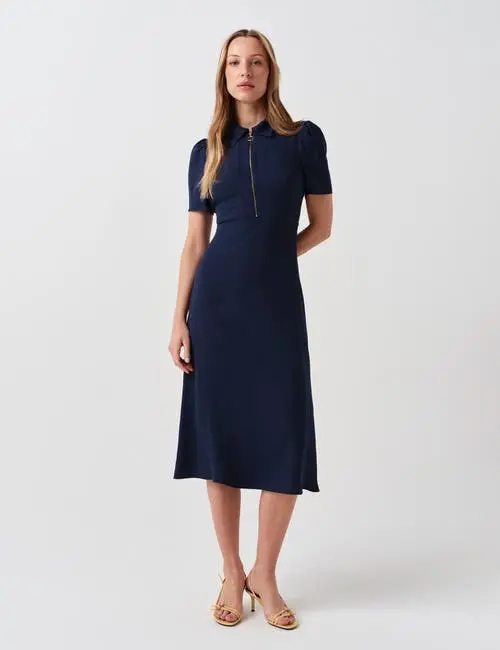 GHOST LONDON Haisley Collared Zip Front Midi Dress - Navy