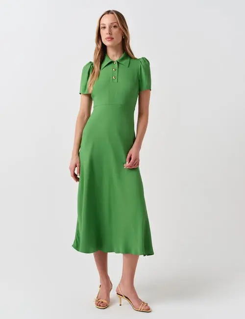 GHOST LONDON Verity Crepe Puff Sleeve Midi Dress - Green