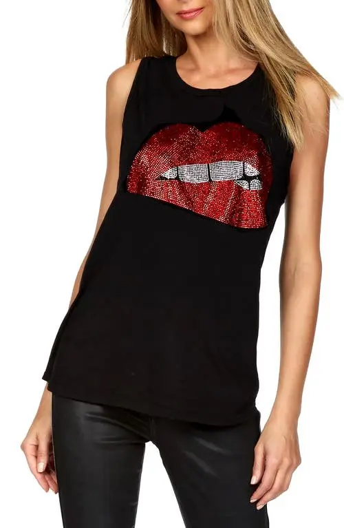 Lauren Moshi Peyton High Neck Tankcrystal Biting Lip Tee - Black