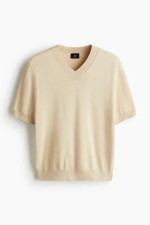 H&m Regular Fit Fine-knit V-neck T-shirt - Beige