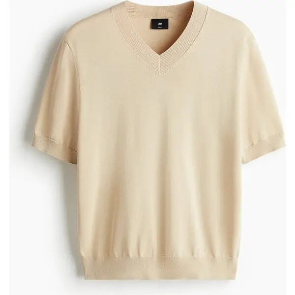 H&m Regular Fit Fine-knit V-neck T-shirt - Beige