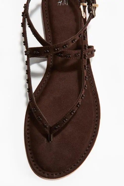 H&m Bead-detail Strappy Sandals With Adjustable Ankle Straps - Dark Brown