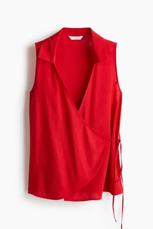 H&m Linen-blend Wrap Top - Red