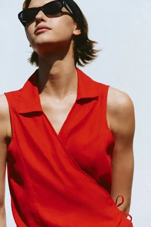 H&m Linen-blend Wrap Top - Red