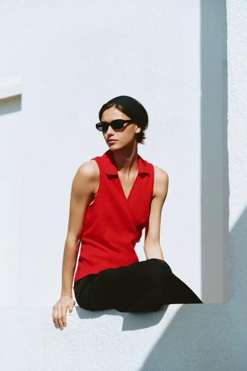H&m Linen-blend Wrap Top - Red