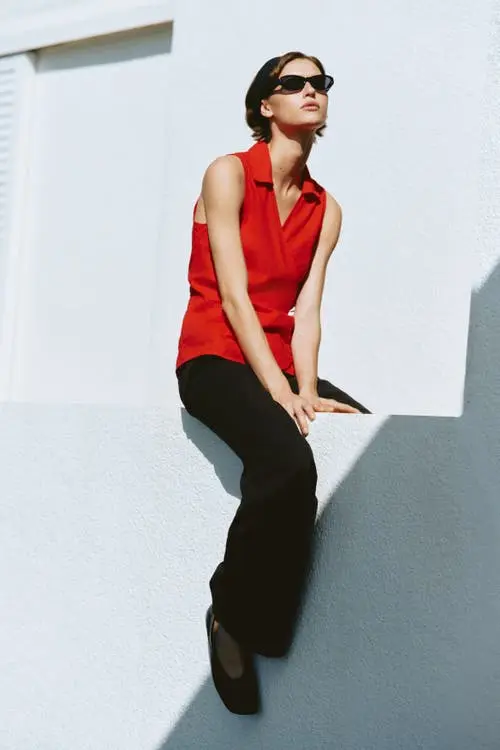 H&m Linen-blend Wrap Top - Red