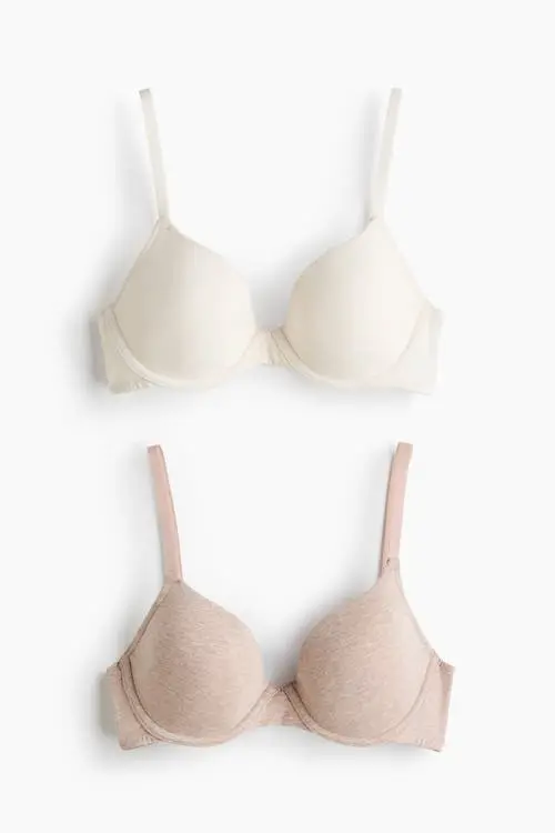 H&m 2-pack Padded Underwired Cotton Bras - Light Beige Melange/cream
