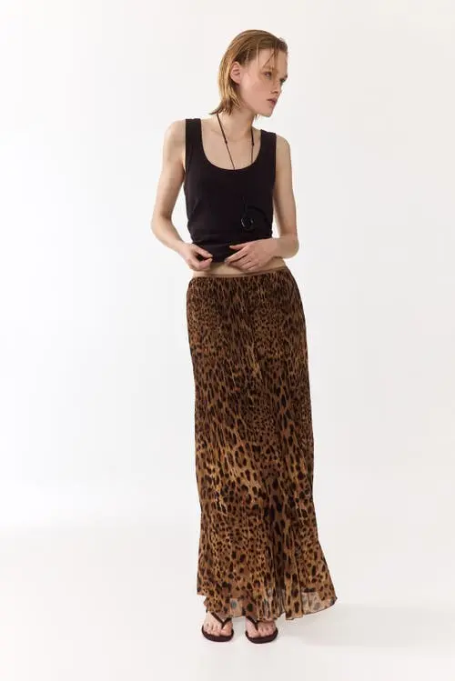 H&m Plissé Leopard Print Maxi Skirt - Beige/leopard Print