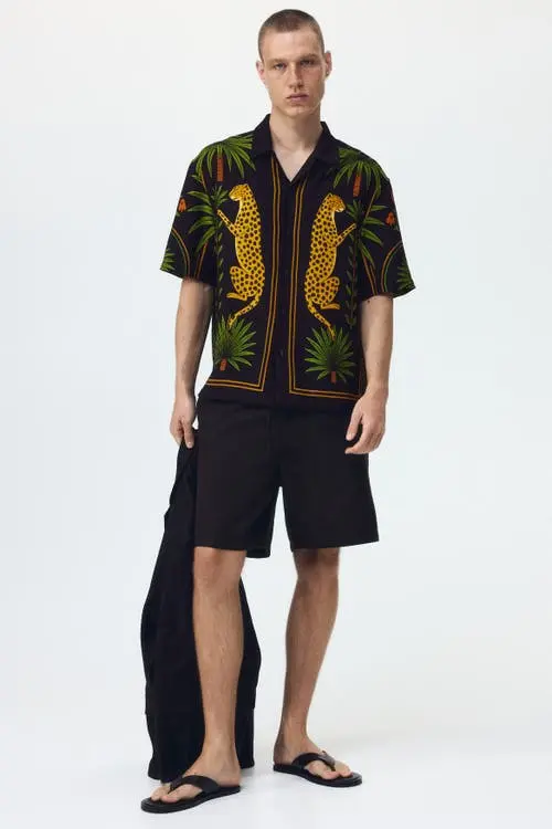 H&m Relaxed Fit Printed Resort Shirt - Dark Brown/leopard
