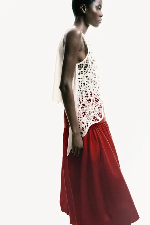 H&m Asymmetric Crochet-look Knit Top With Chiffon Back - Cream